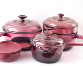 Set of 9 Piece Corning Vision Cranberry Cookware With Lid and Teflon - Etsy