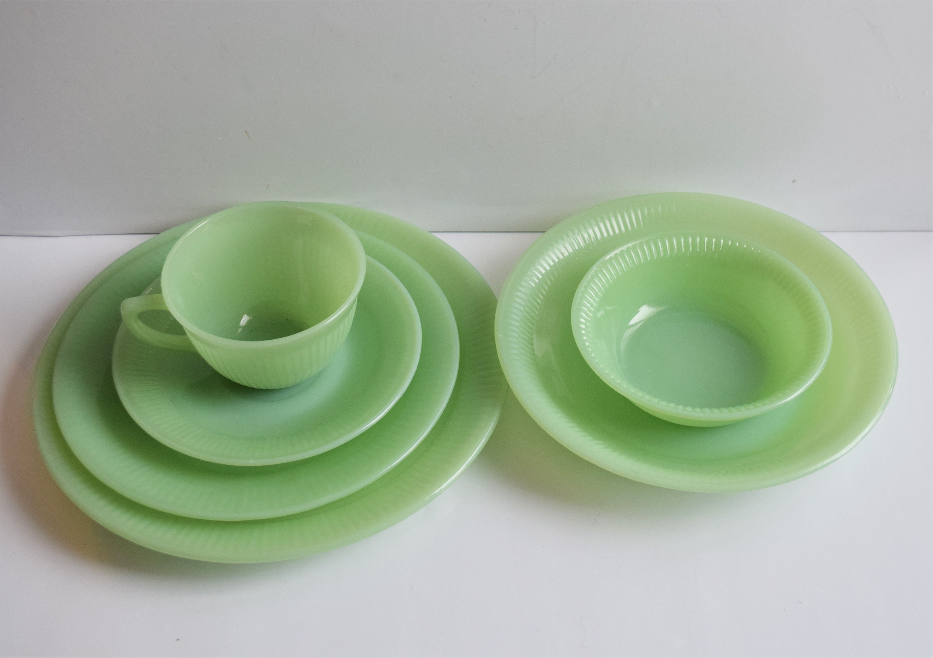 Vintage Jadeite Fire King Dinnerware Set: Jane Ray 6-piece Place ...