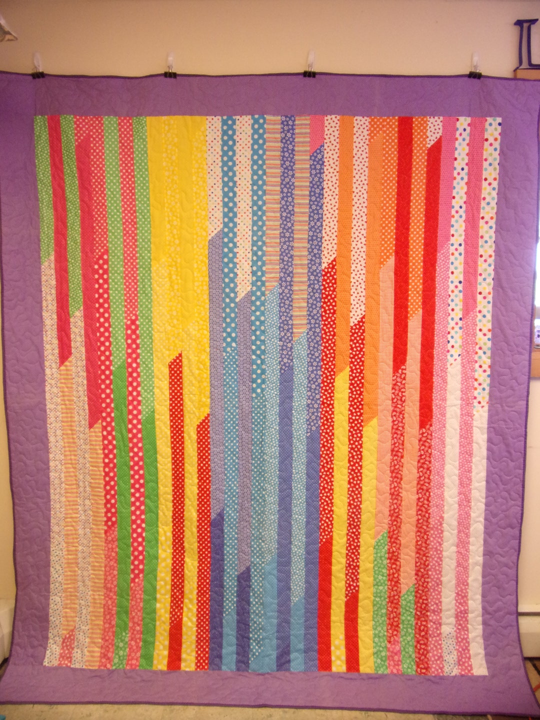 Handmade Patchwork Quilt, Vertical Striped Primary Color Rainbow Quilt ...