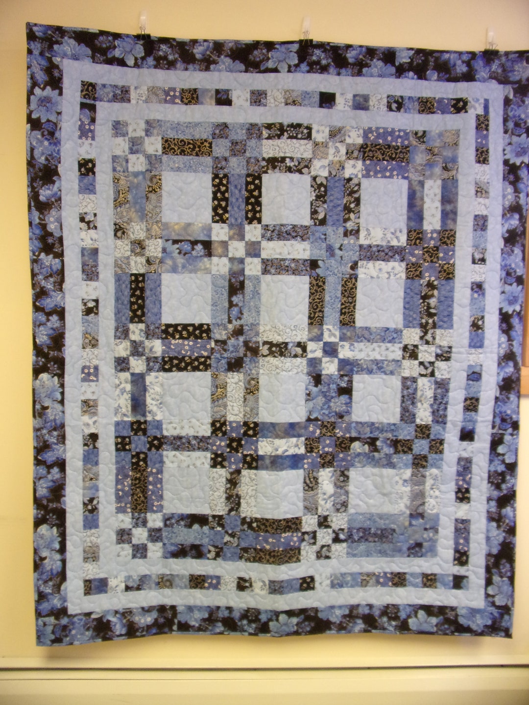 Patchwork Blue and Gray Bed Quilt, Nine Patch and Fence Rail Blue Bed ...