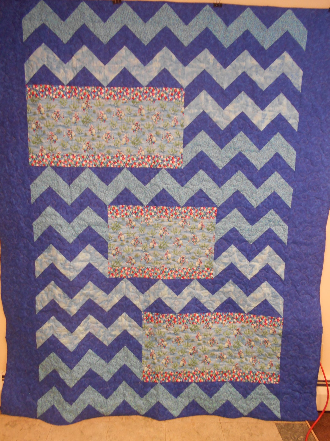 Handmade Rainbow Fish Quilt: Full Size Blue Chevron Bedding (74" X 89 ...