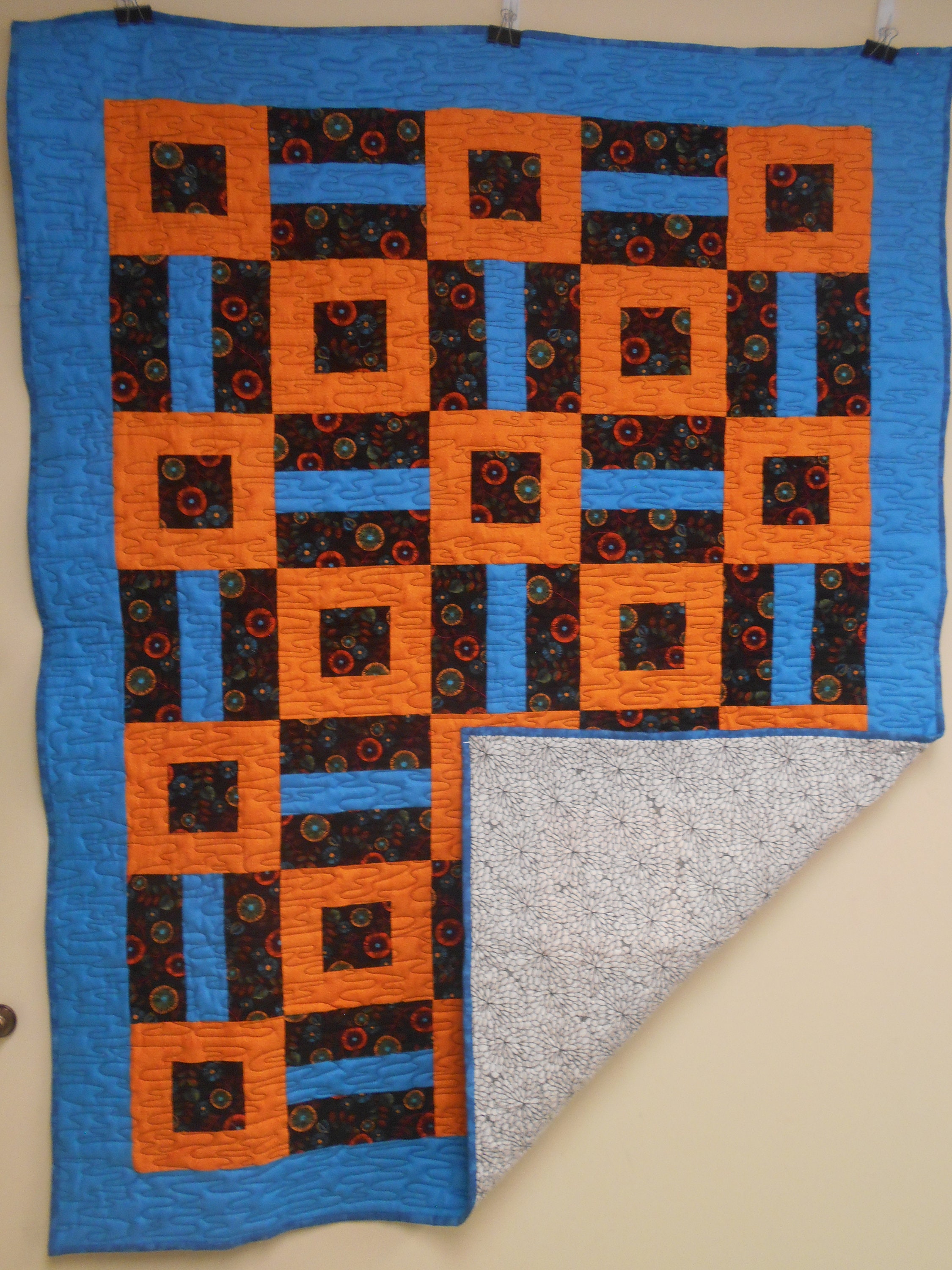 Quilt, Handmade Quilt, Throw Quilt, Lap Quilt, Blue, Orange and Black ...