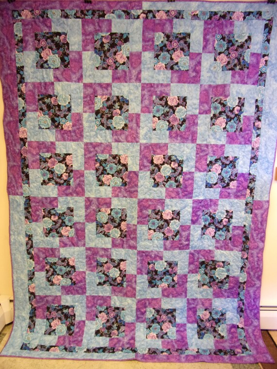 XL Full Size Quilt Light Blue and Purple Roses Town Square | Etsy