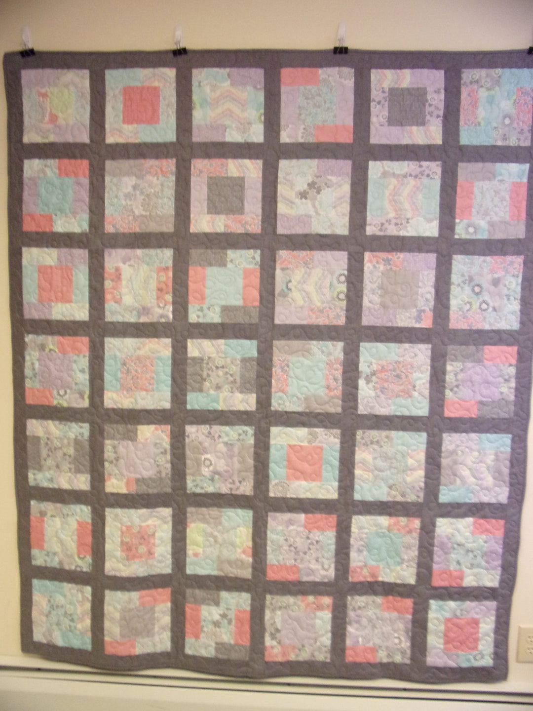 Handmade Charm Square Twin Quilt: Modern Grey Sashed Quilt (66