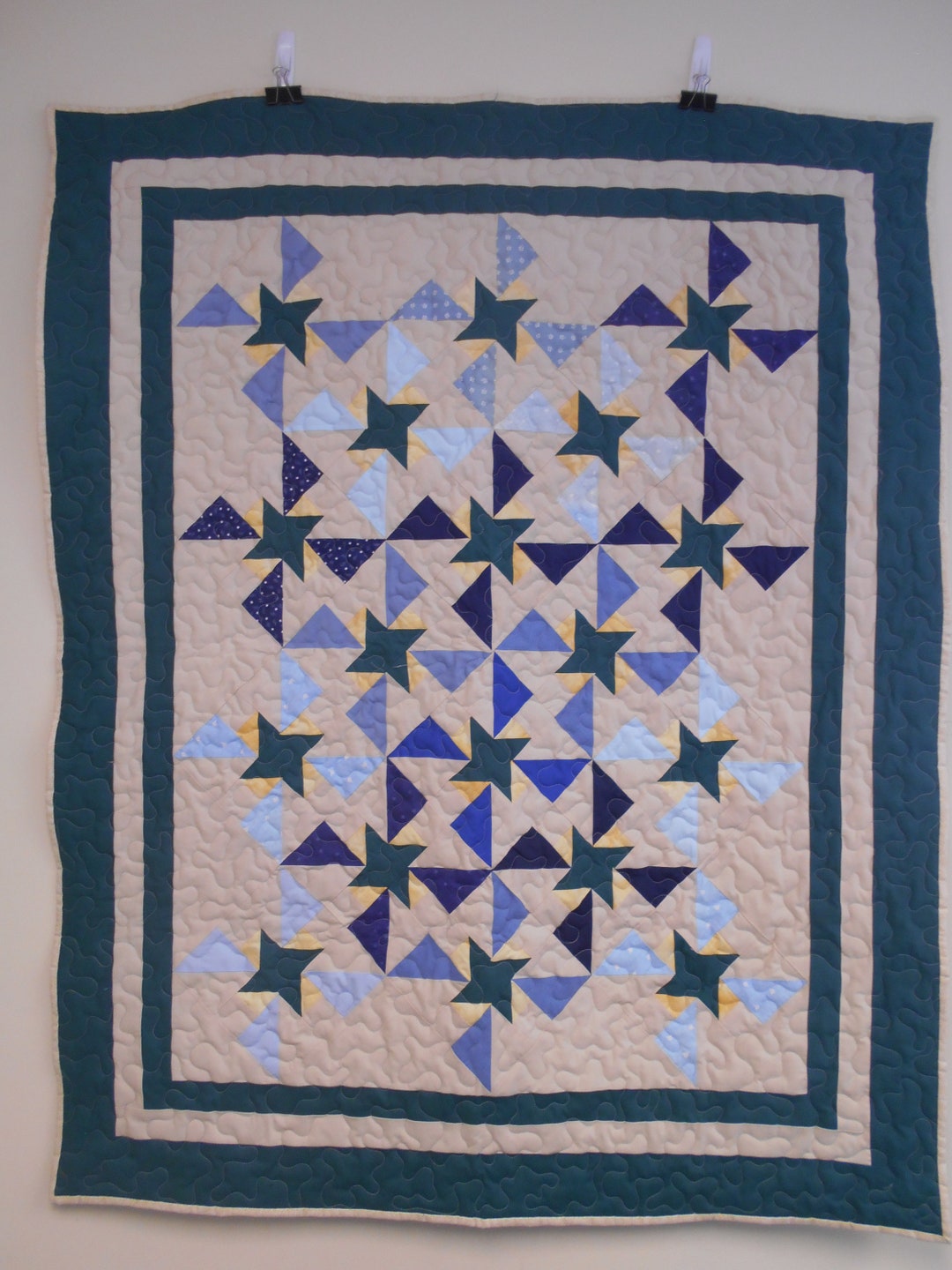 Handmade Friendship Star Throw Quilt: Hunter Green & Blue Pinwheel, 40 ...