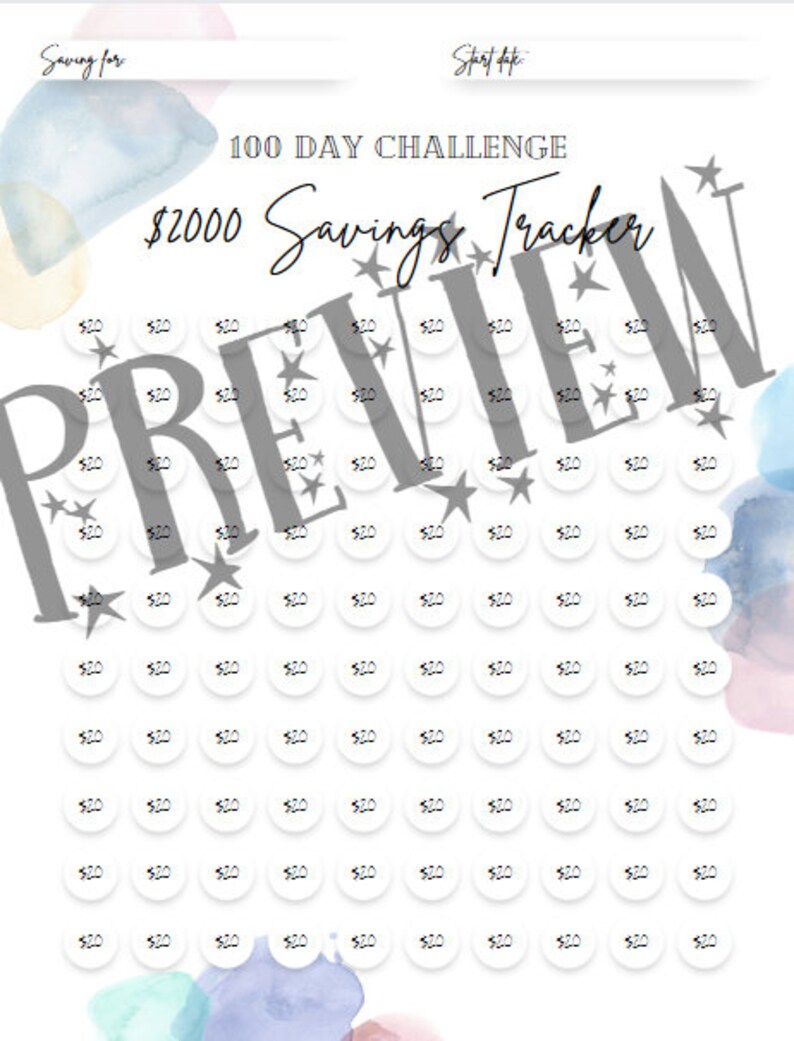 Watercolor 100 Day Savings Tracker Challenge- Planner Filler Page ...