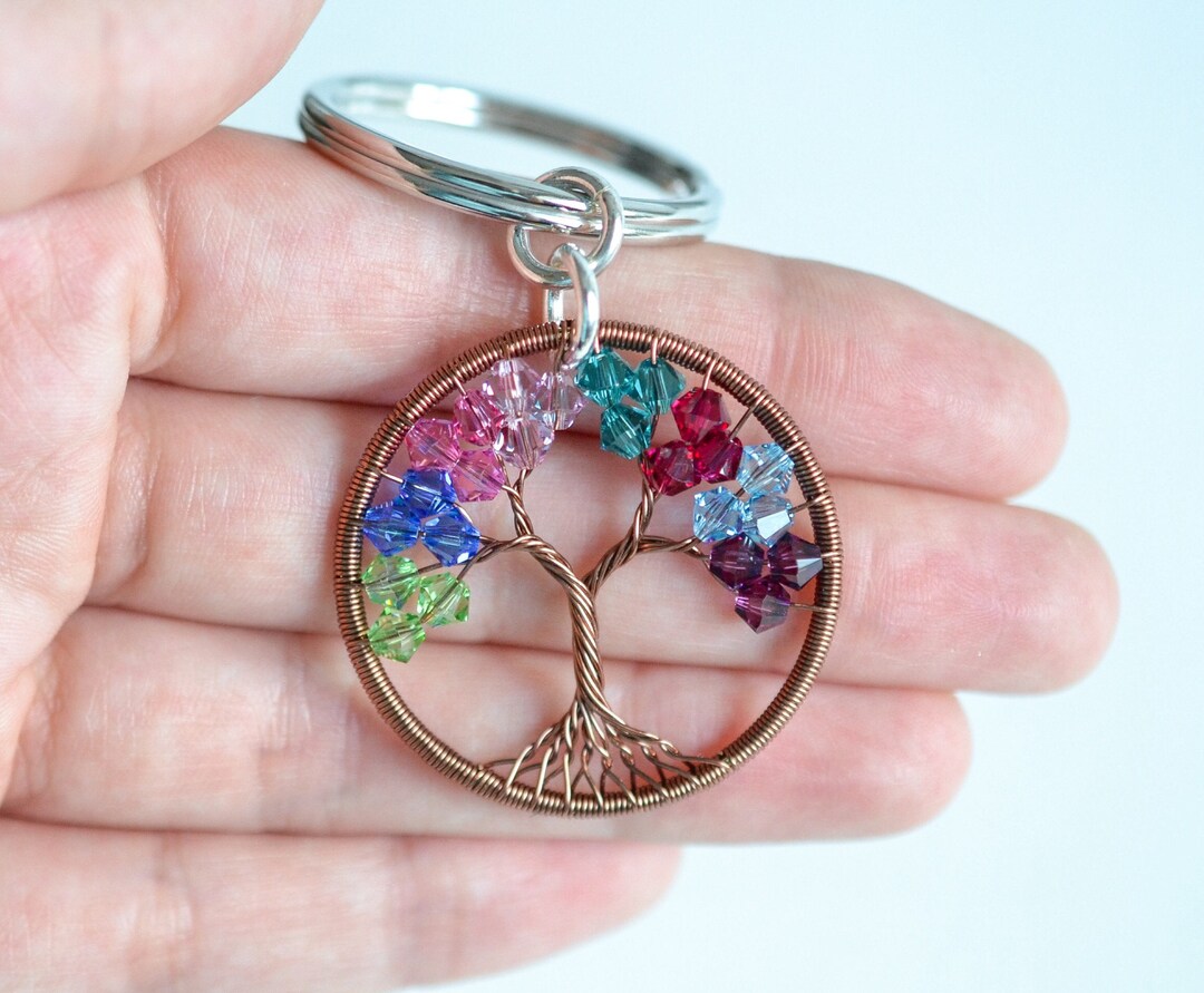 Antique Copper Family Tree Keychain, Family Birthstone Keychain, Tree ...