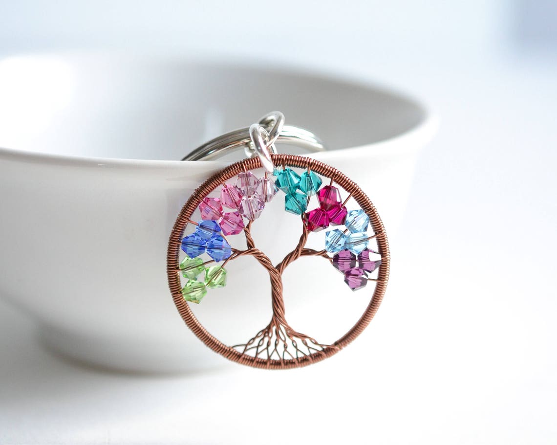 Antique Copper Family Tree Keychain Family Birthstone | Etsy