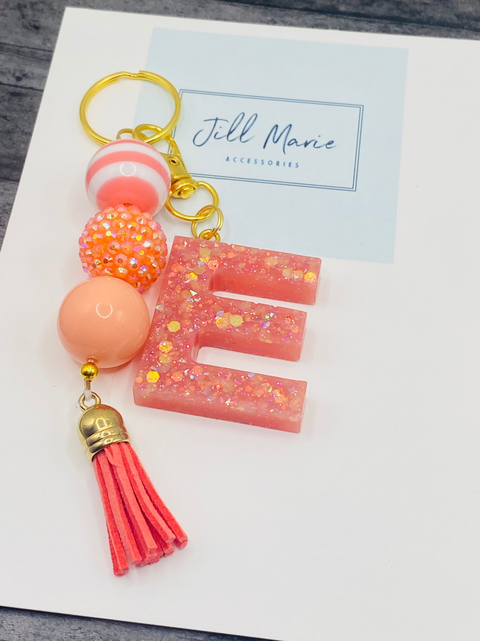 Coral Bubblegum Beaded Keychain With Custom Resin Initial. - Etsy