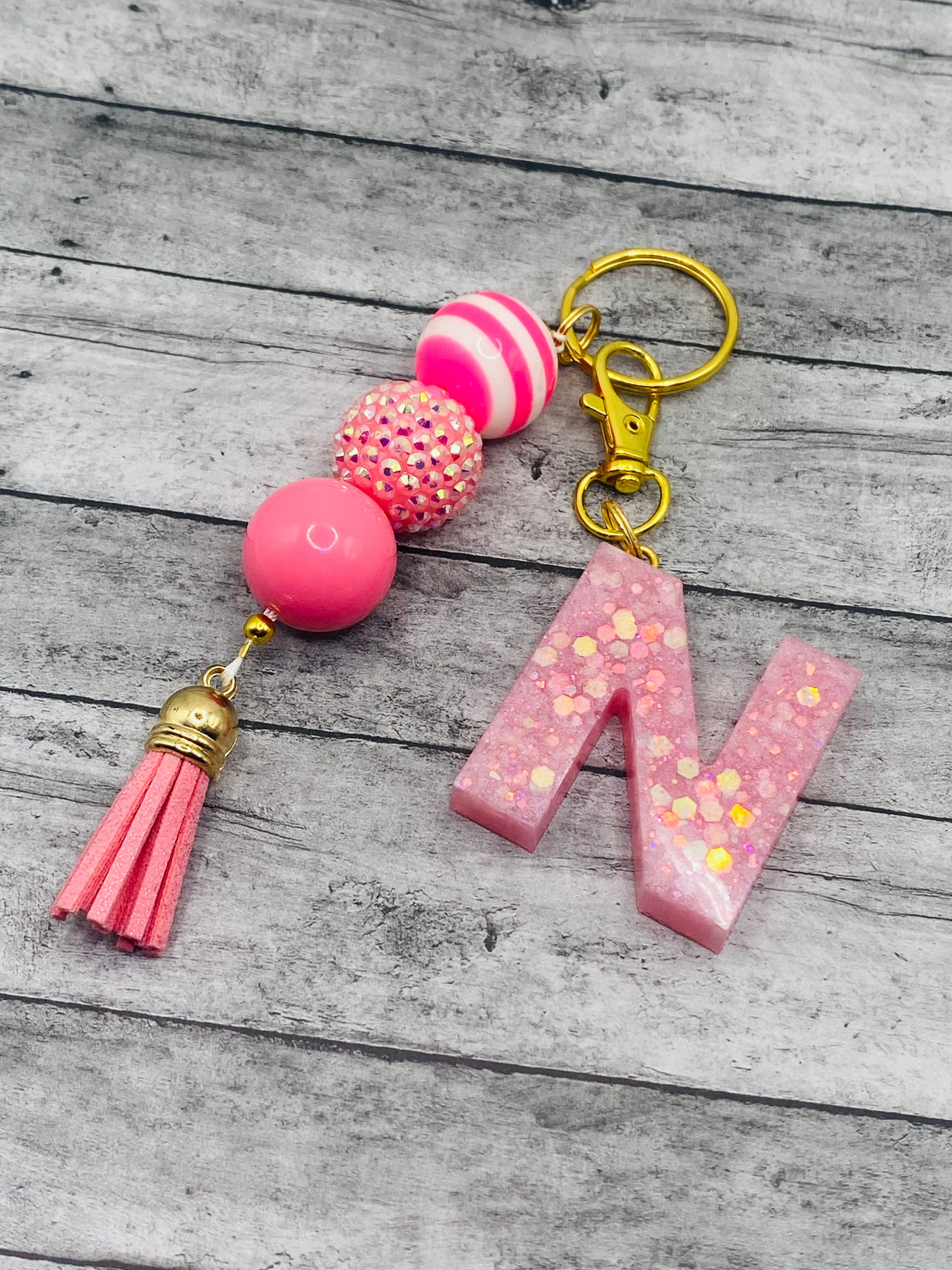 Pink Bubblegum Beaded Keychain With Custom Resin Initial. - Etsy