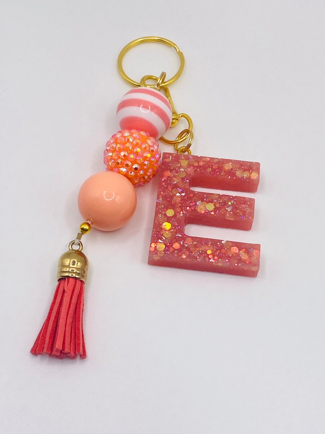 Coral Bubblegum Beaded Keychain With Custom Resin Initial. - Etsy