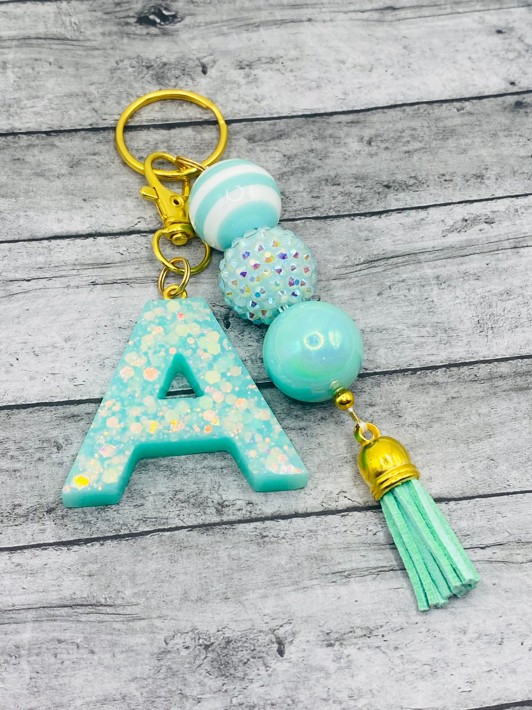 Mint Bubblegum Beaded Keychain With Custom Resin Initial. - Etsy