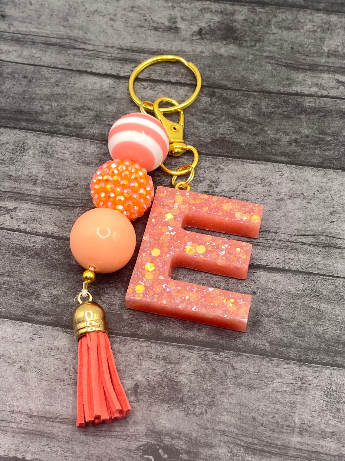 Coral Bubblegum Beaded Keychain With Custom Resin Initial. - Etsy