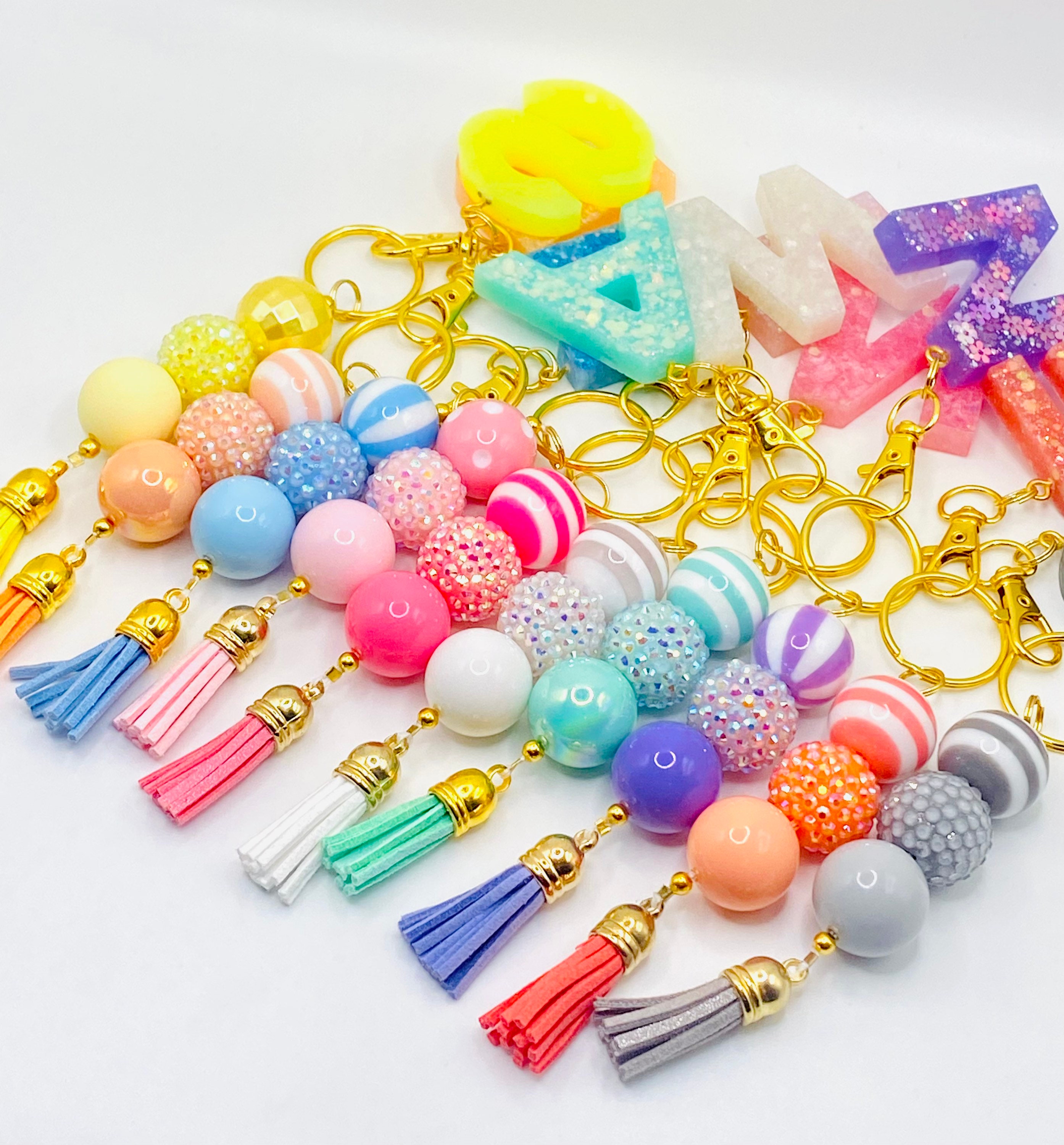 Pink Bubblegum Beaded Keychain With Custom Resin Initial. - Etsy