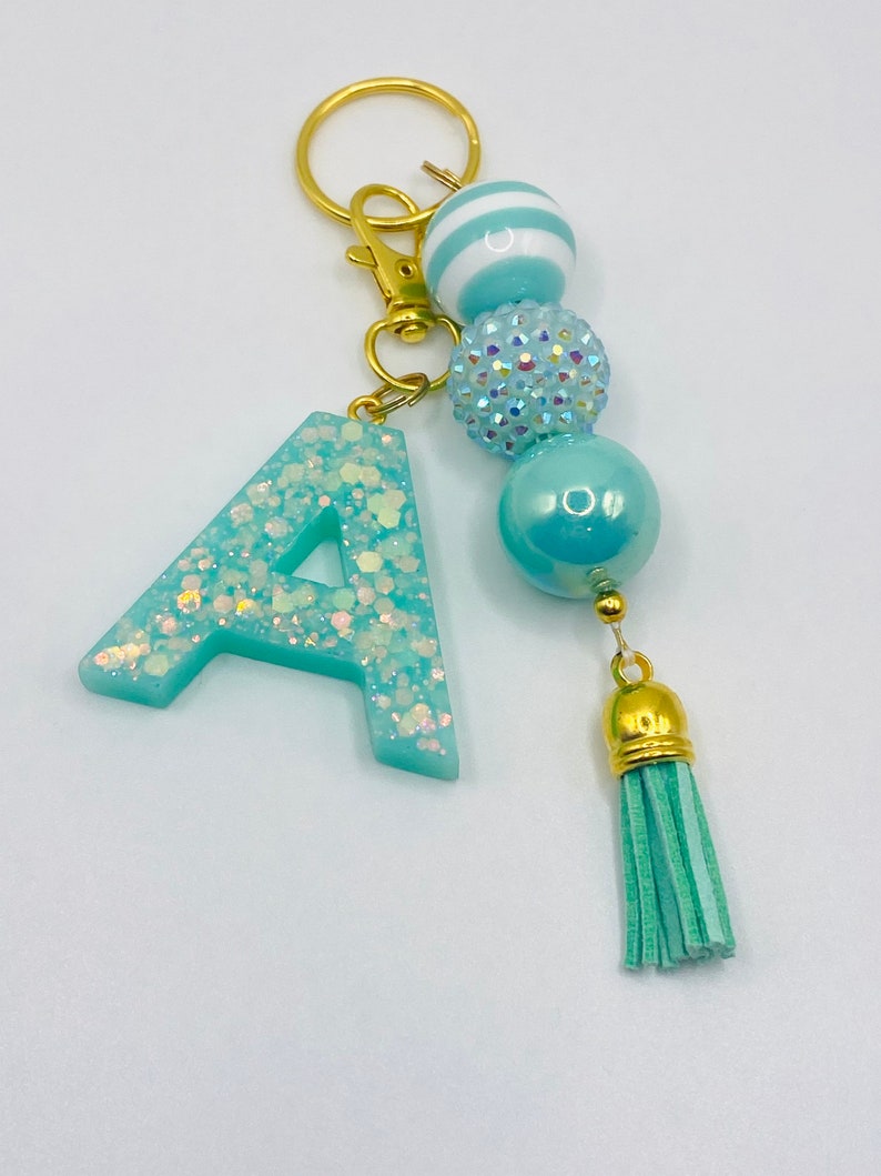 Mint Bubblegum Beaded Keychain With Custom Resin Initial. - Etsy