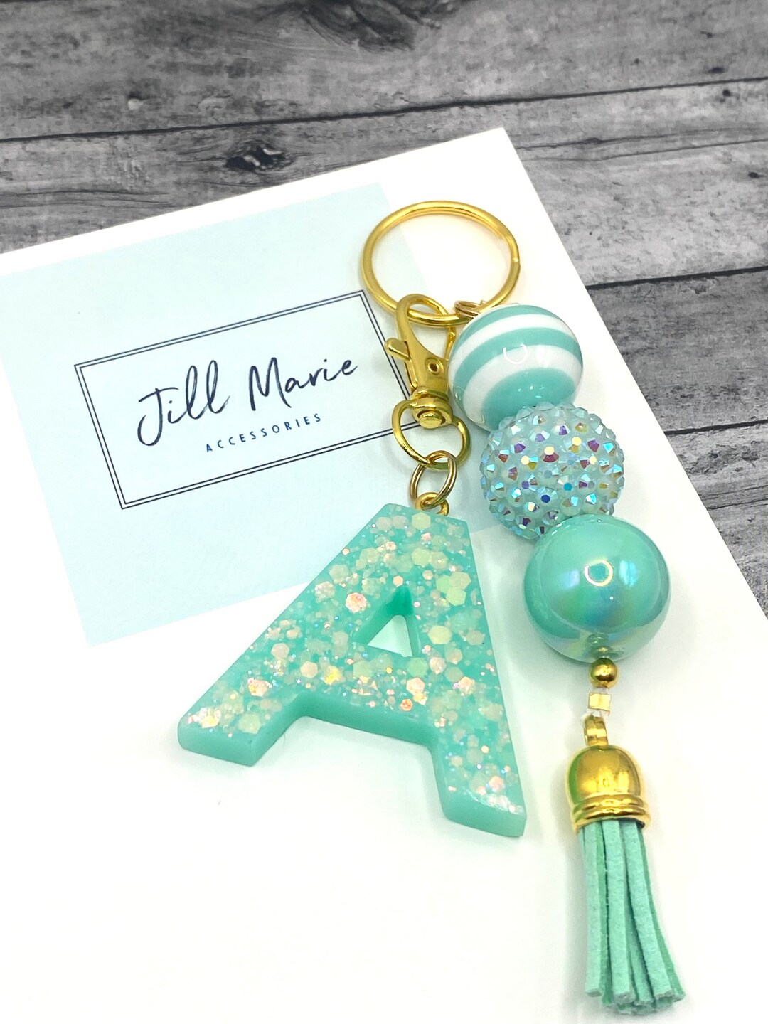 Mint Bubblegum Beaded Keychain With Custom Resin Initial. - Etsy