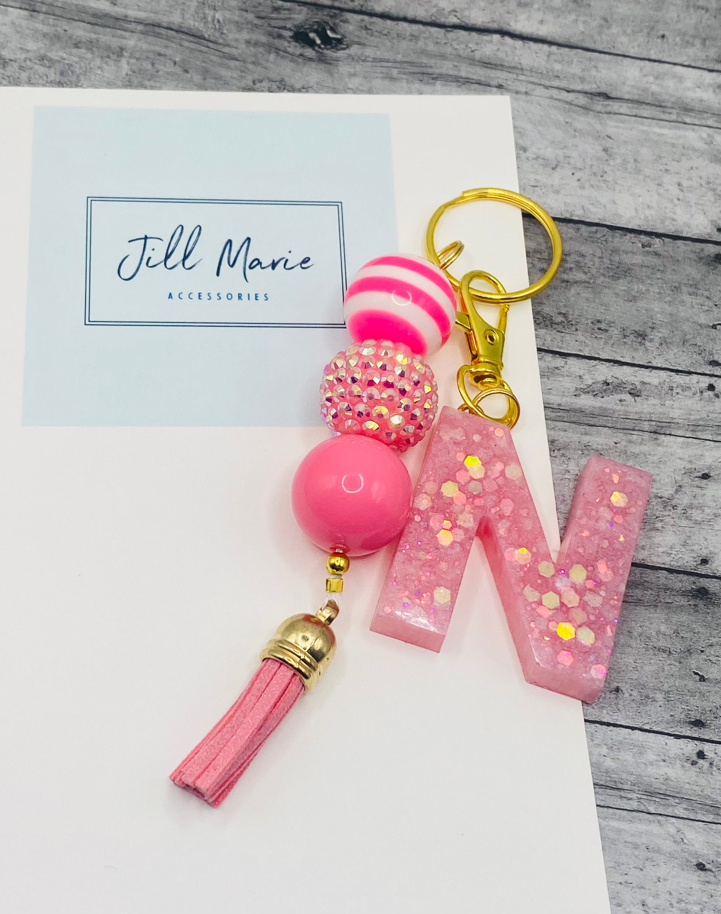 Pink Bubblegum Beaded Keychain With Custom Resin Initial. - Etsy