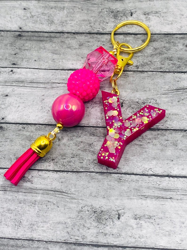 Magenta Bubblegum Beaded Keychain With Custom Resin Initial. - Etsy