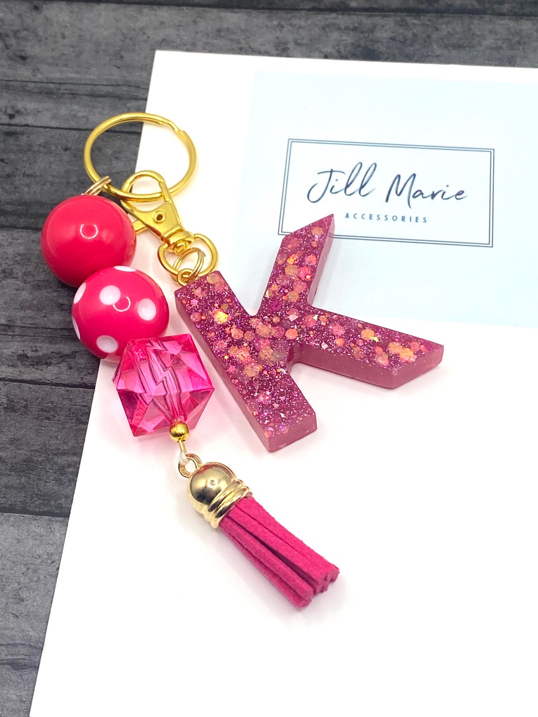 Hot Pink Bubblegum Bead Keychain With Custom Resin Initial. - Etsy