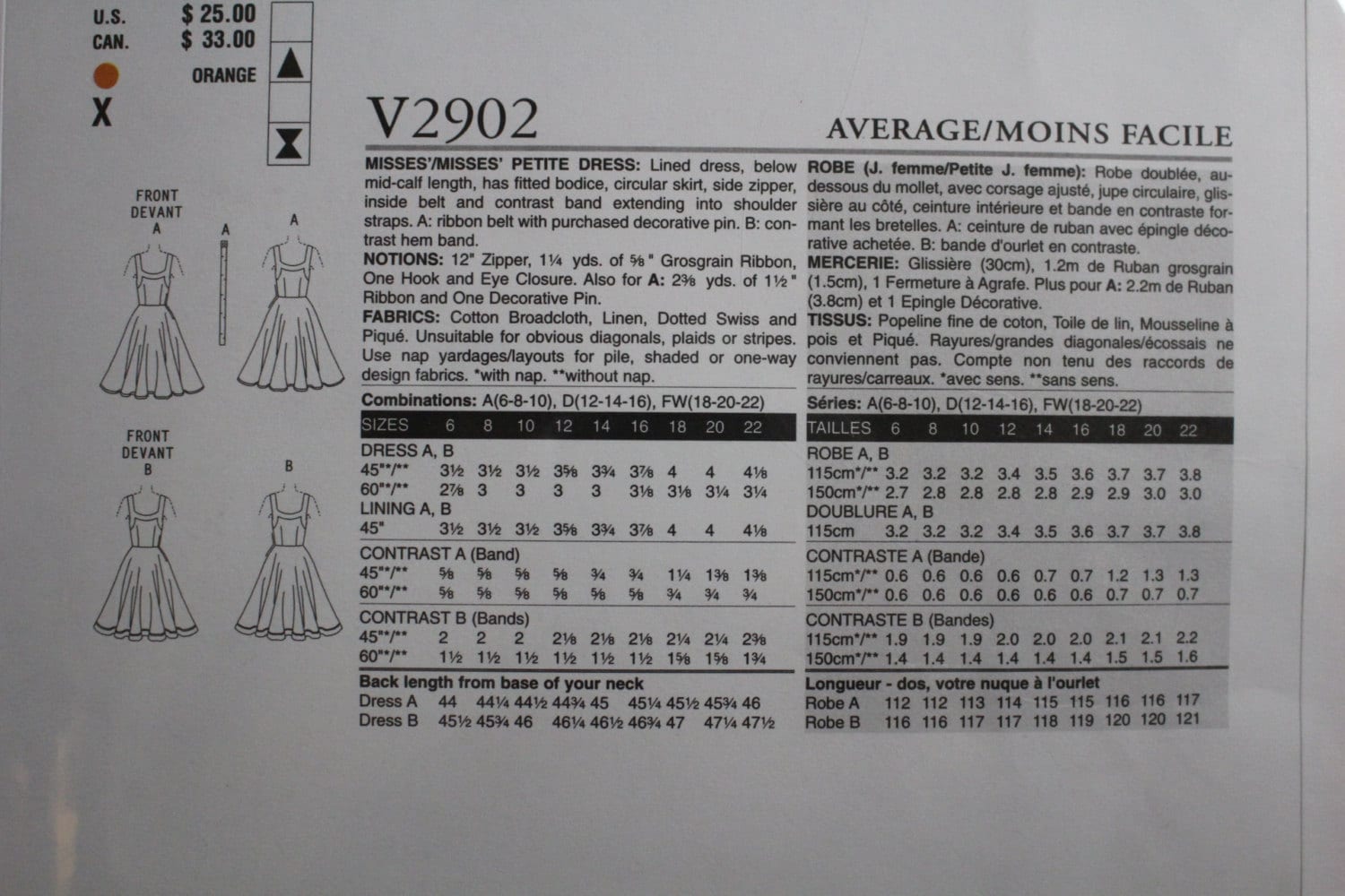 VOGUE V2902 Sewing Pattern ~ New Uncut Size 6-8-10, Fitted Bodice ...