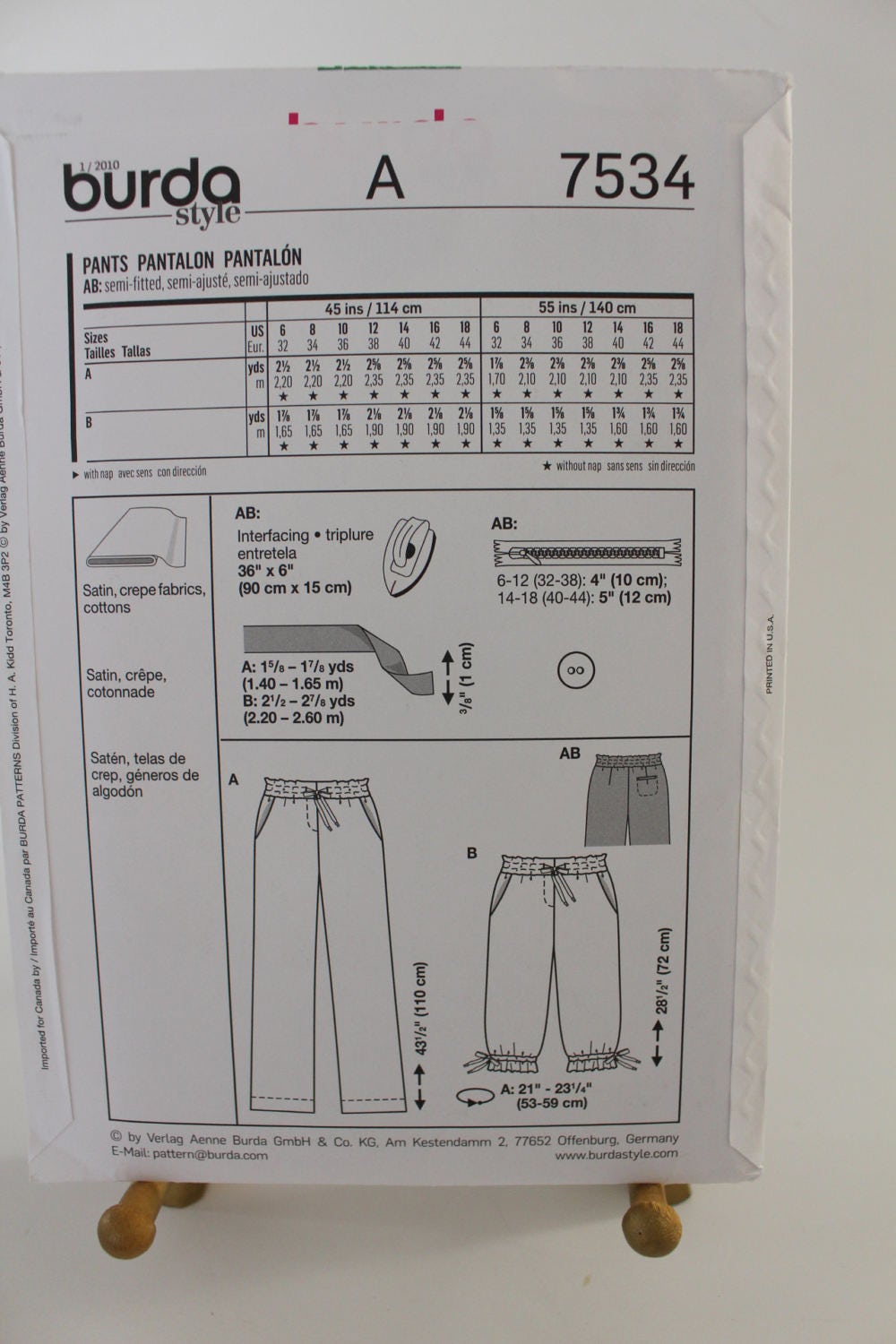 BURDA 7534 ~ Two Styles of Pants ~ Size US 6-18 ~ Uncut / New in ...