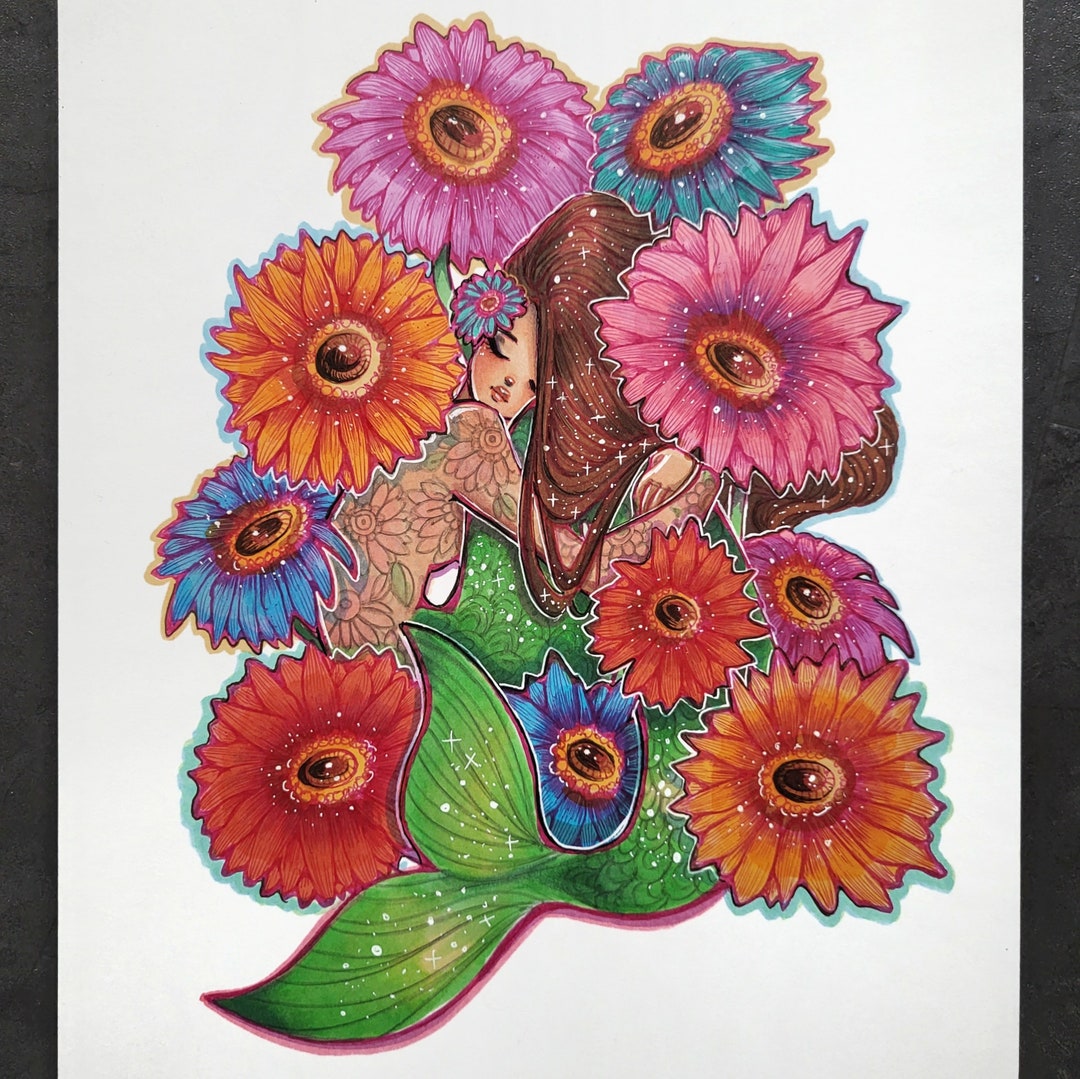 Daisy 9x12 Inch Original Ink and Marker Illustration Mermay 2024 - Etsy