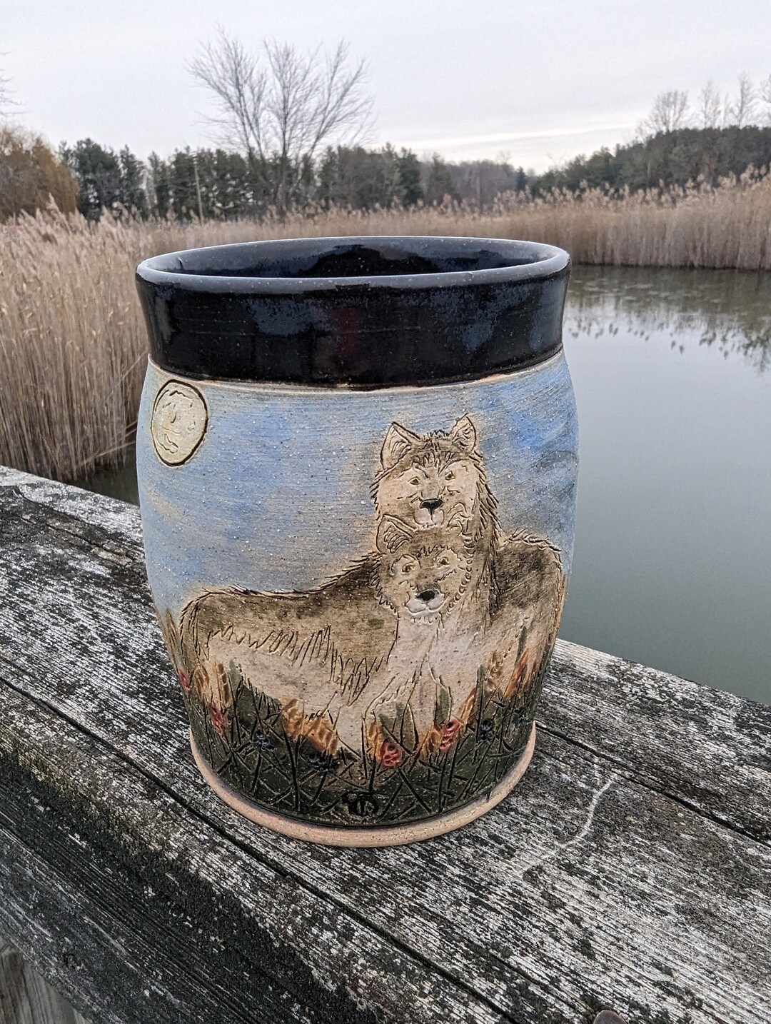 Handmade Wolf Pack Under Full Moon Stoneware Pottery Crock Vase - Etsy