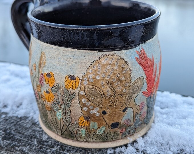 Handmade Whitetail Deer Fawns in Wildflowers Stoneware Pottery Mug Cup ...