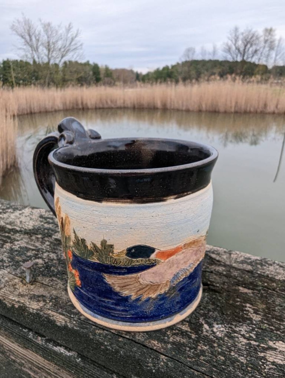 Mallard Duck Couple Flying Over Swamp Handmade Stoneware Pottery Cup ...
