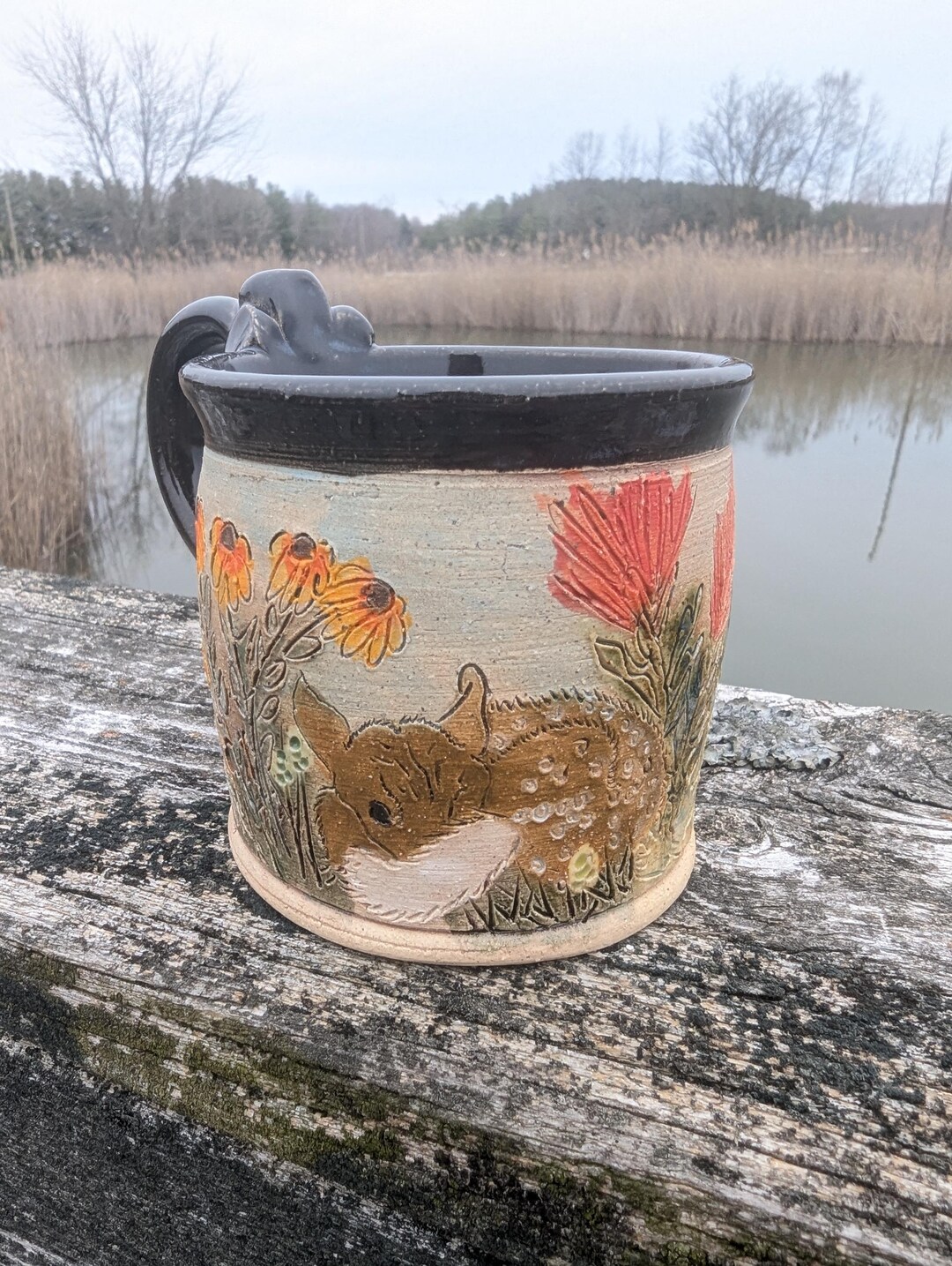 Handmade Whitetail Baby Deer Fawn in Wildflowers Stoneware Pottery ...