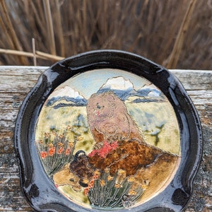 Handmade Grizzly Bear With Downed Bison Stoneware Pottery Cigar Rest ...