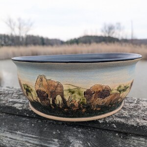 Large Handmade Stoneware Pottery Bowl With American Bison Buffalo on ...