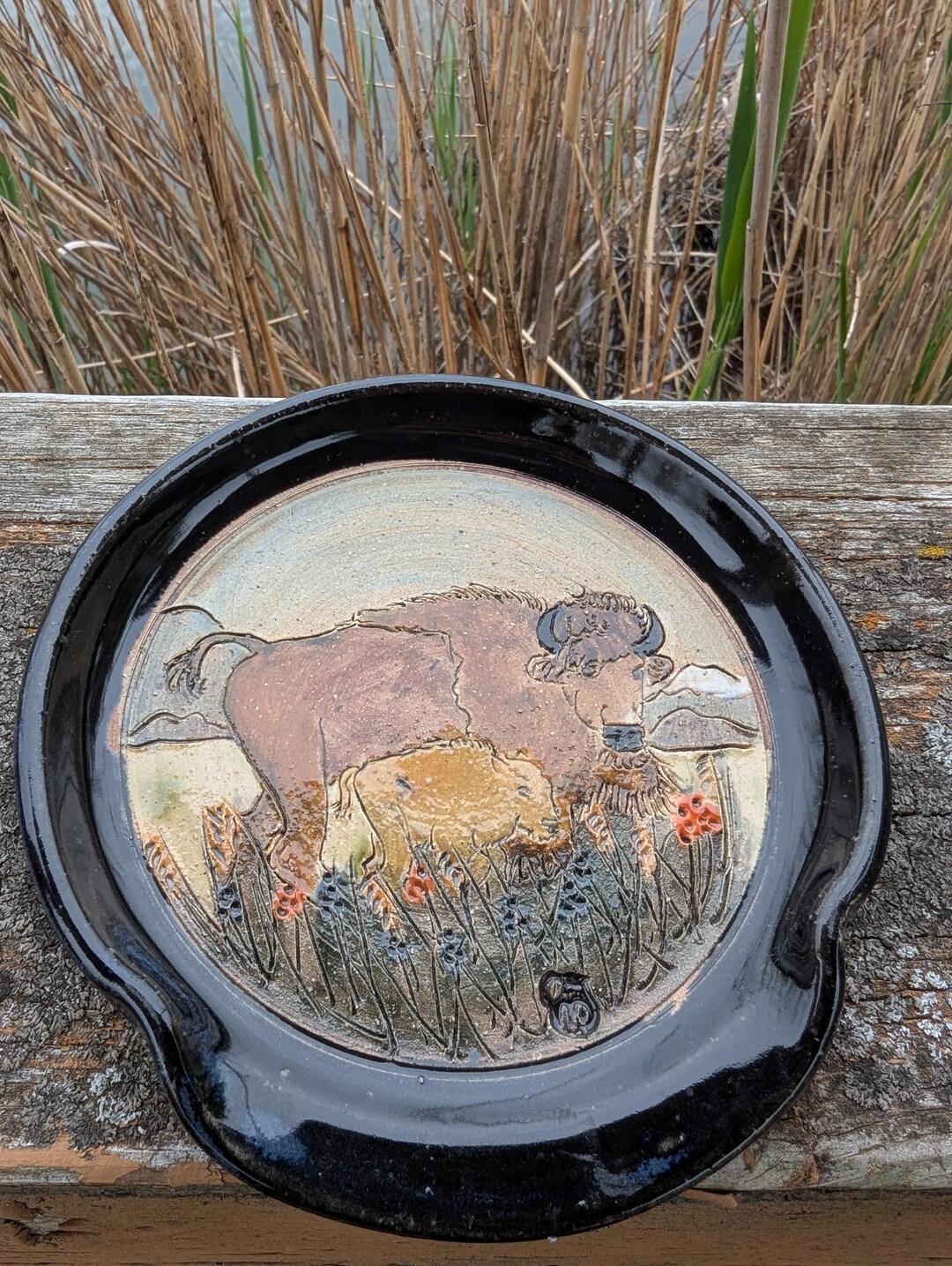 Buffalo Bison Mom With Baby Calf on a Prairie Handmade Stoneware ...