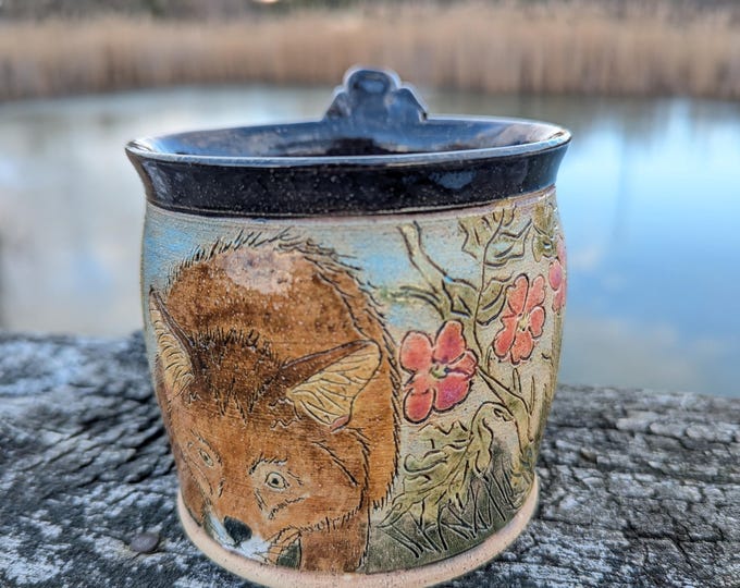 Red Fox With Wild Rose Flowers Handmade Stoneware Pottery Coffee Mug ...