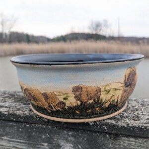 Large Handmade Stoneware Pottery Bowl With American Bison Buffalo on ...