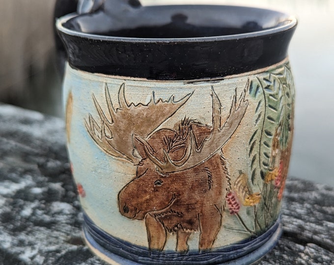 Moose Bull in Swamp With Willow Tree Stoneware Pottery Coffee Mug Tea ...
