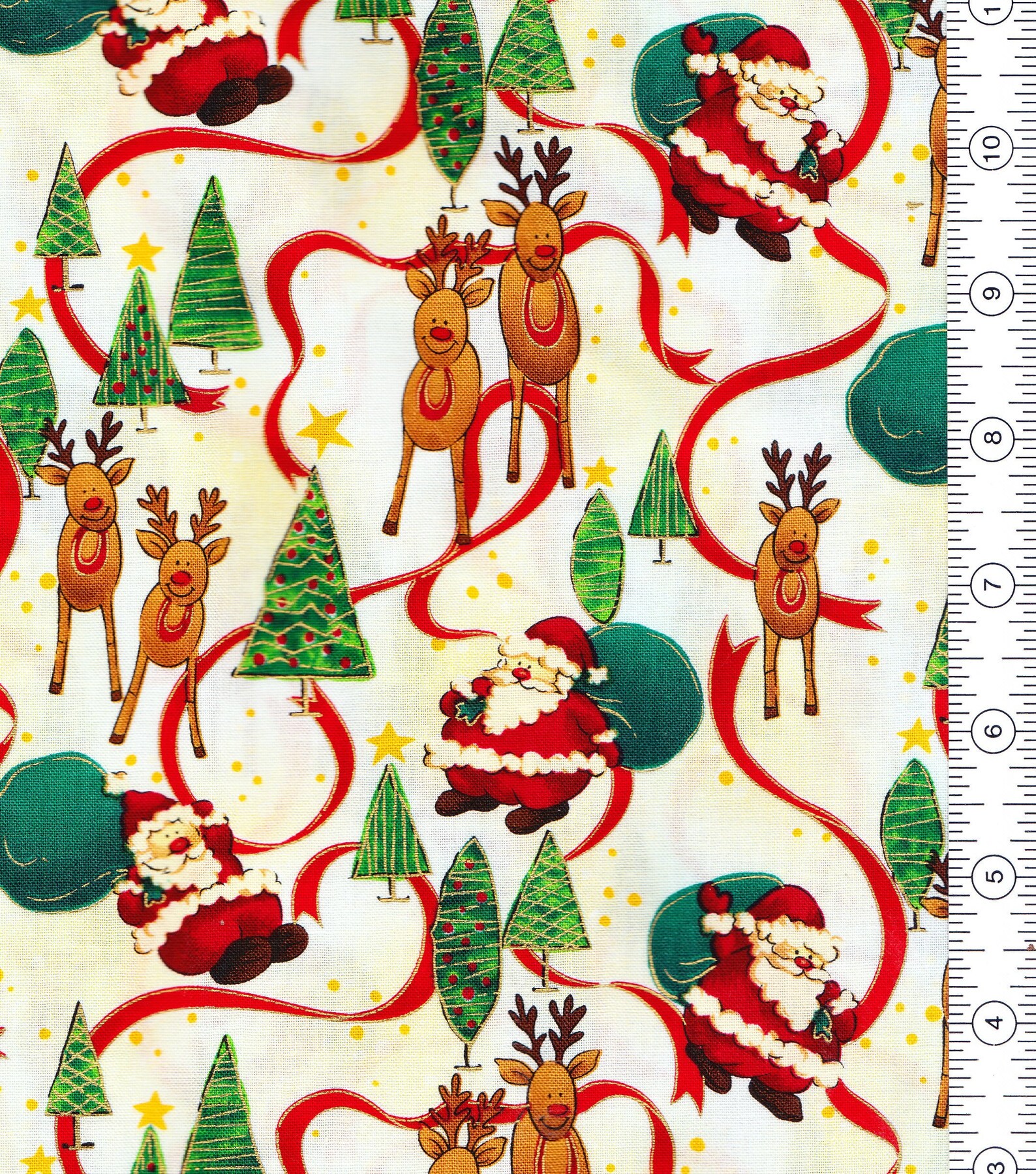 Fabric Santa and Reindeer Christmas Scene With Christmas Trees With Red ...