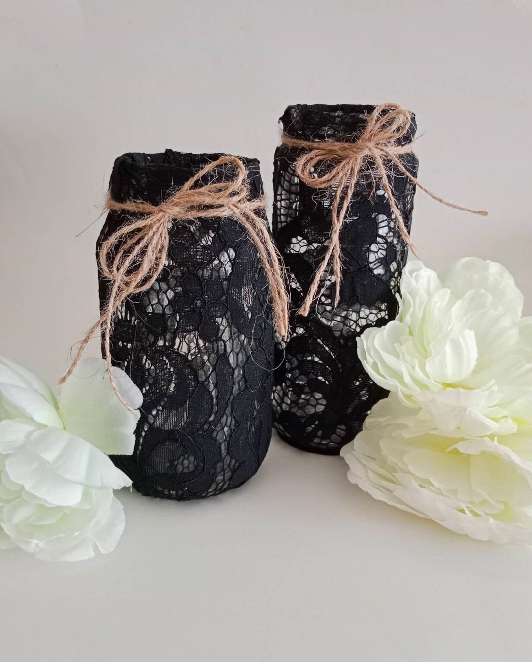Lace Covered Mason Jars, Flower Vases, Rustic Centerpieces, Candle ...