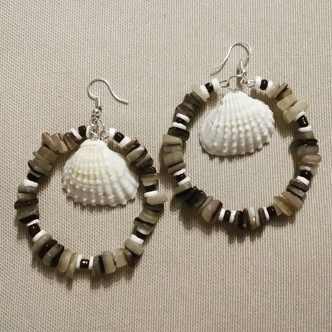 Sea Shell Earrings, Beaded Hoop Earrings, Hippie Shell Earrings, Surf ...