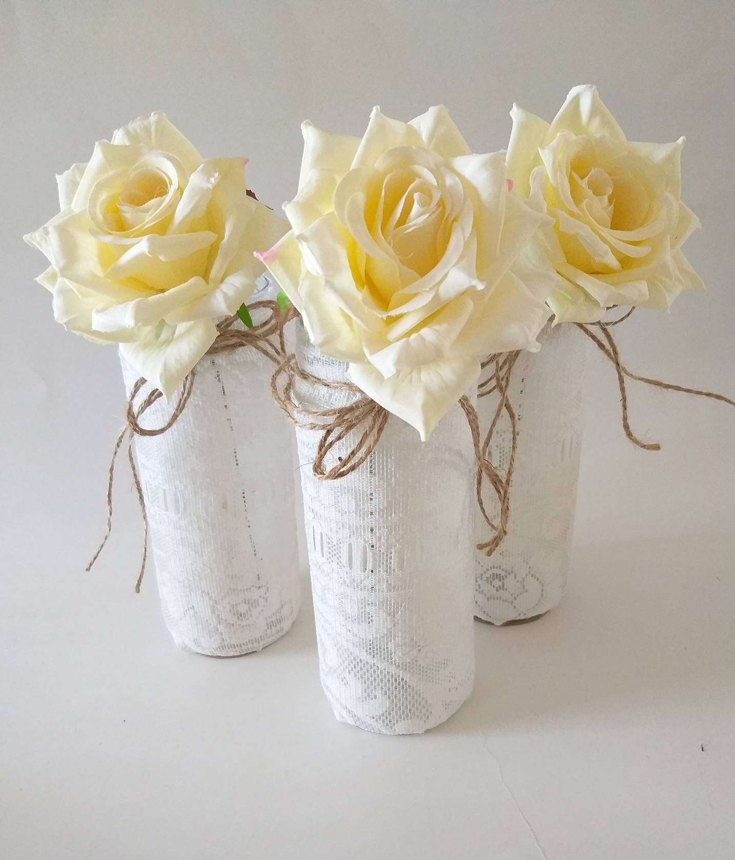 Lace Covered Glass Jars, Flower Vases, Rustic Wedding Centerpieces ...