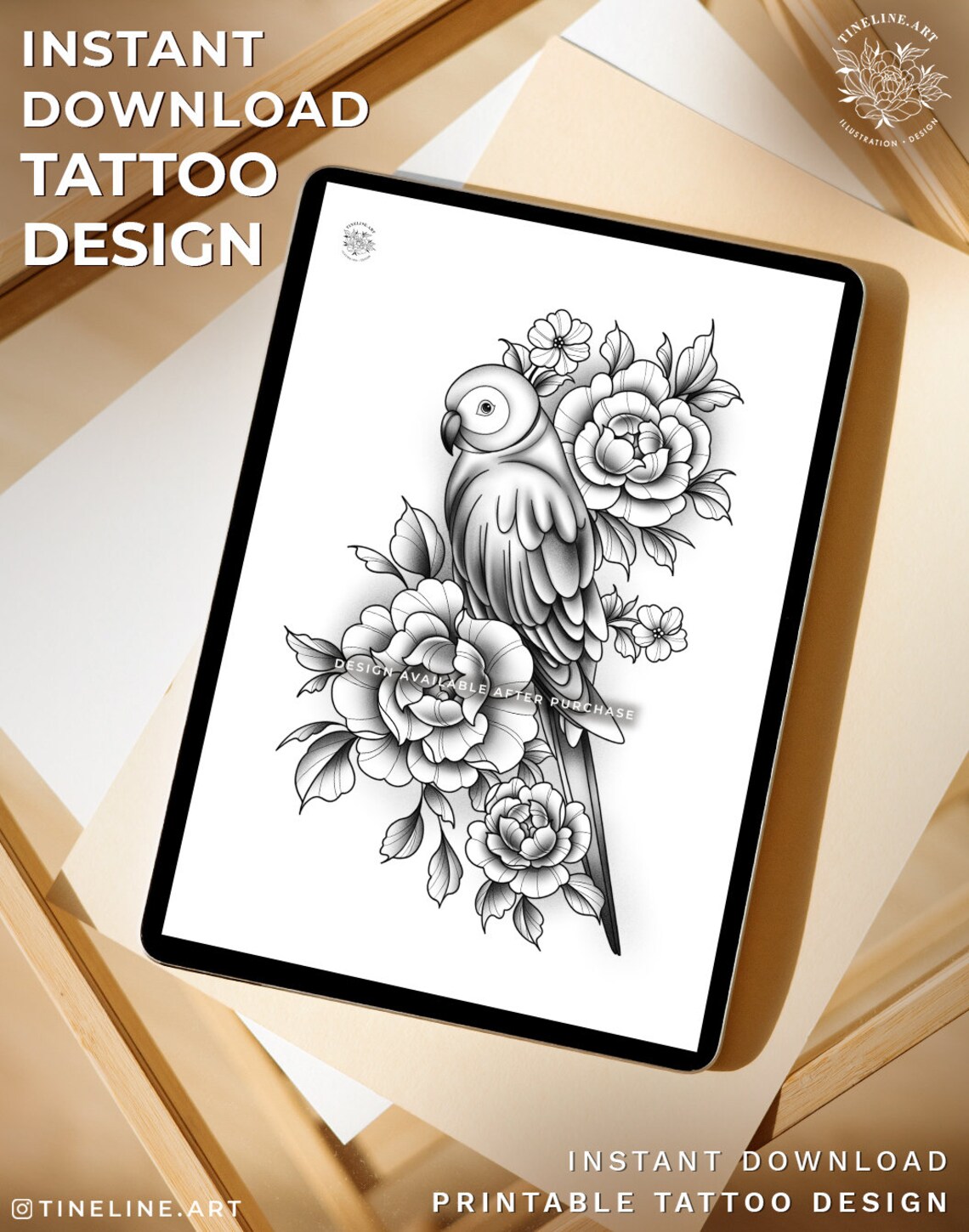 Tattoo Design Parrot and Peonies Feminine,fineline Black/grey Instant ...