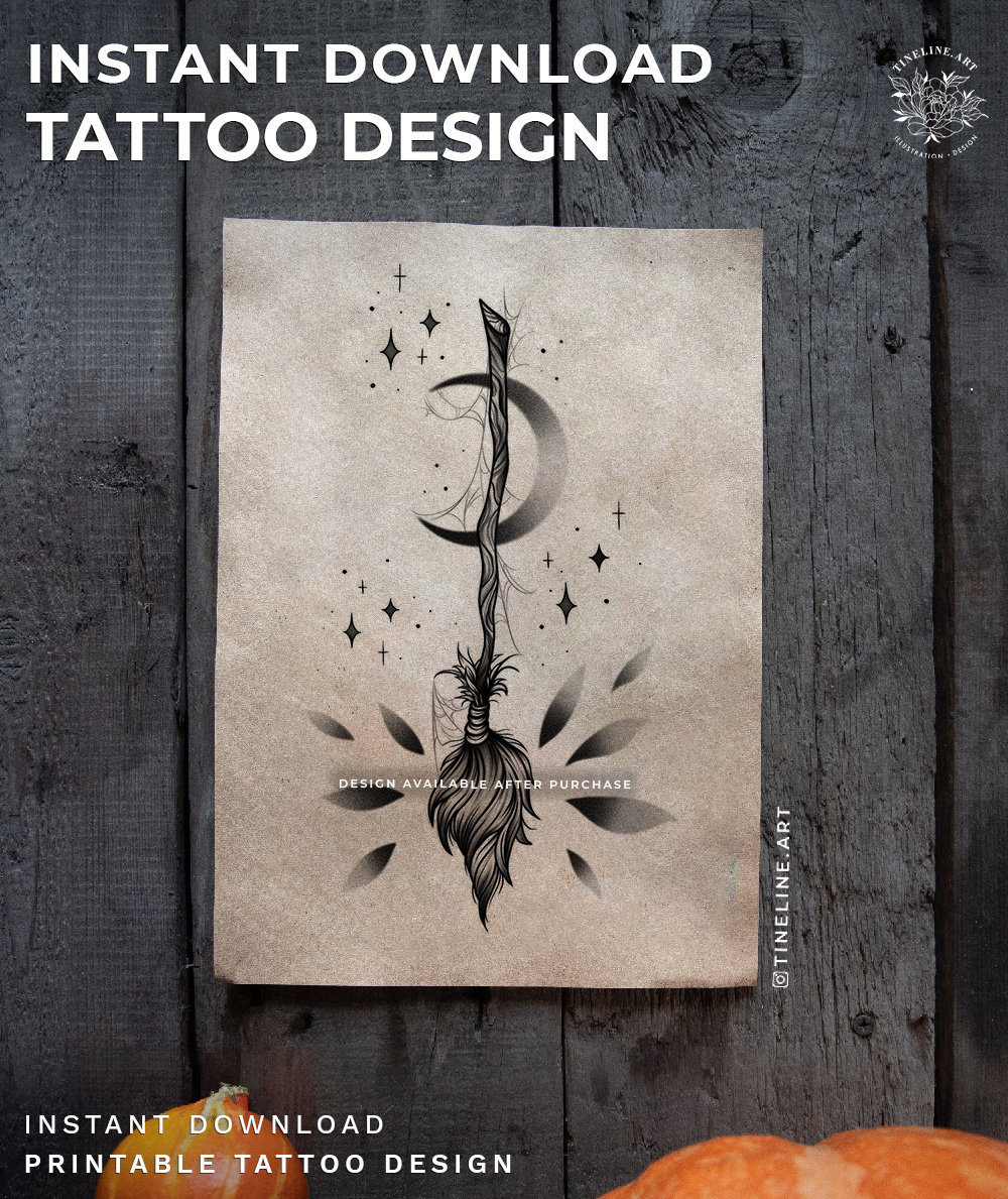 Witch Broom Tattoo Design – Spooky Moon Fineline Art (digital Download ...