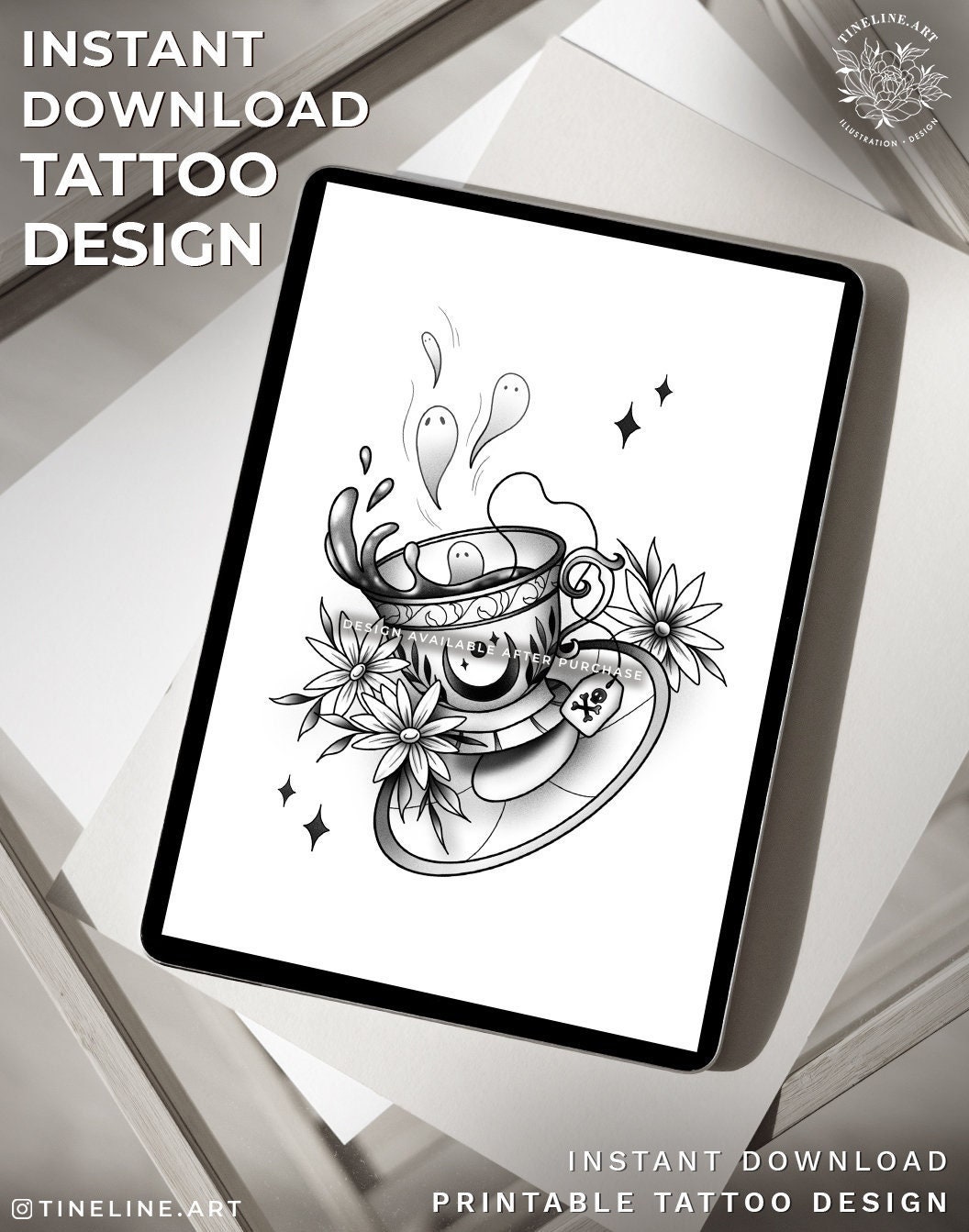 Tattoo Design - Spooky Witch Tea Cup and Flowers Feminine,fineline ...