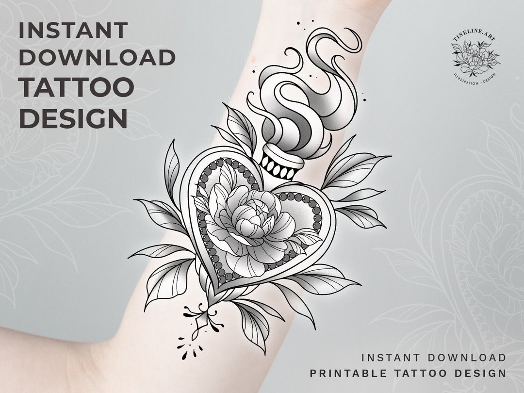 Greyscale Sacred Heart With Peony - Black/grey - Instant Download ...