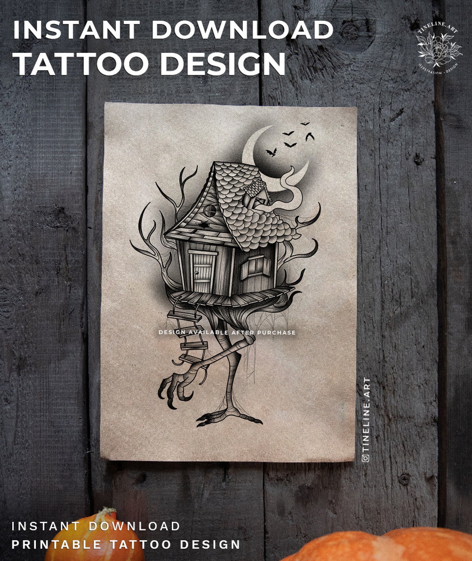 Tattoo Design - Baba Yaga - Yagas Hut - Slavic Witch Fairy Tale - Black ...