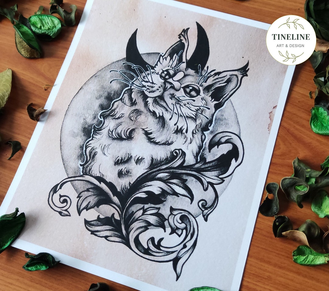 Lunar Neotraditional Blackwork Cat Tattoo Art Print - Etsy