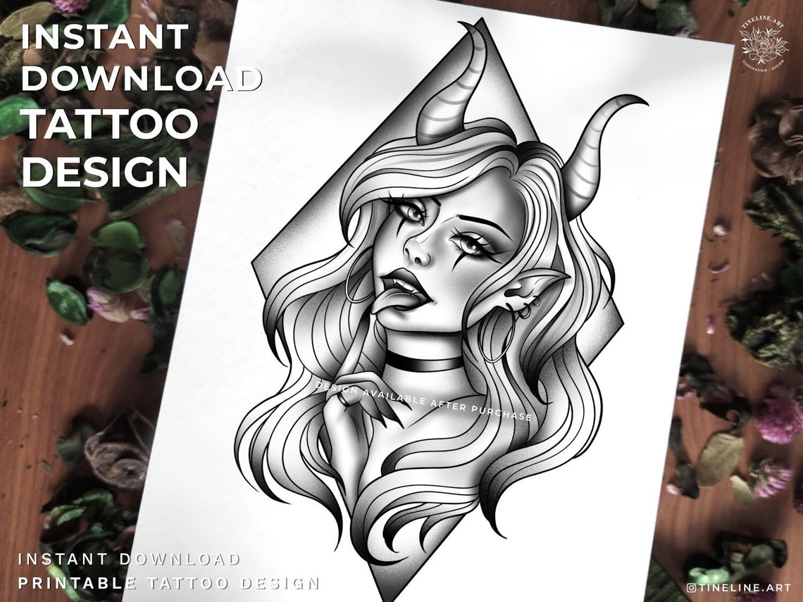 Tattoo Design Devil Lady Portrait Femininefineline Horns - Etsy