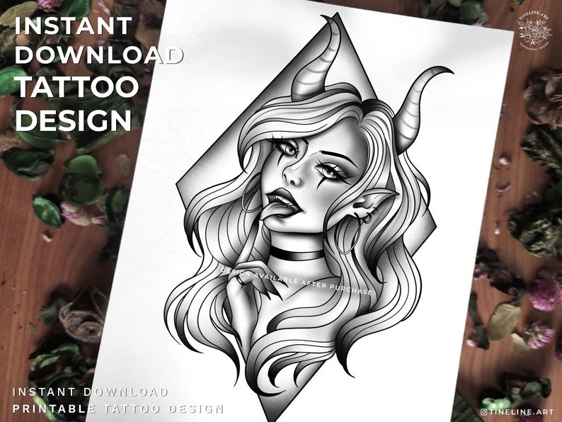 Tattoo Design Devil Lady Portrait Feminine,fineline Horns Black/grey ...
