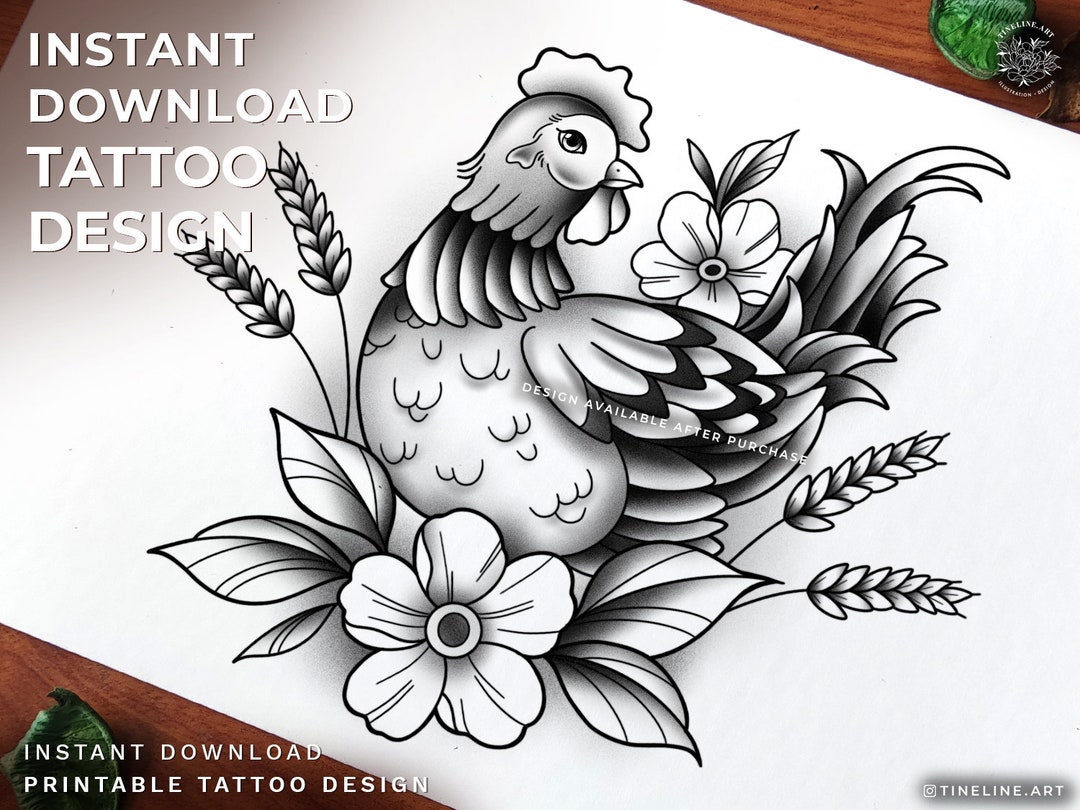Tattoo Design - Floral Rooster Chicken With Wheat Feminine,fineline ...