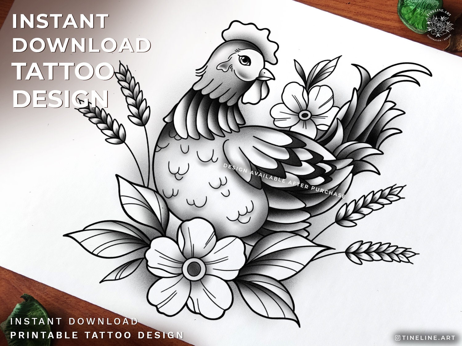 Tattoo Design - Floral Rooster Chicken With Wheat Feminine,fineline ...